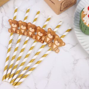 craftshou 120 Pack 7.75 Inches Bear Gold Baby Boy Shower Straws Disposable Baby Shower Paper Straws Cute Striped Drinking Straws for Birthday,Wedding,Celebrations and Party Supplies