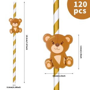 craftshou 120 Pack 7.75 Inches Bear Gold Baby Boy Shower Straws Disposable Baby Shower Paper Straws Cute Striped Drinking Straws for Birthday,Wedding,Celebrations and Party Supplies