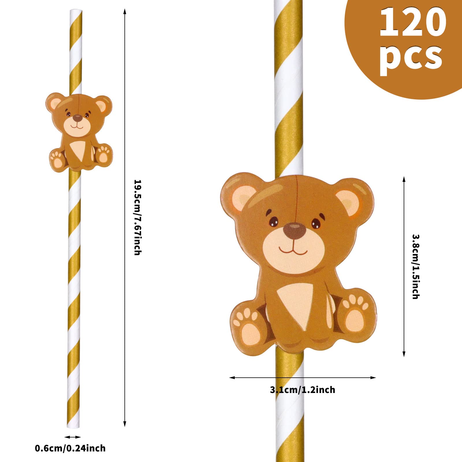 craftshou 120 Pack 7.75 Inches Bear Gold Baby Boy Shower Straws Disposable Baby Shower Paper Straws Cute Striped Drinking Straws for Birthday,Wedding,Celebrations and Party Supplies