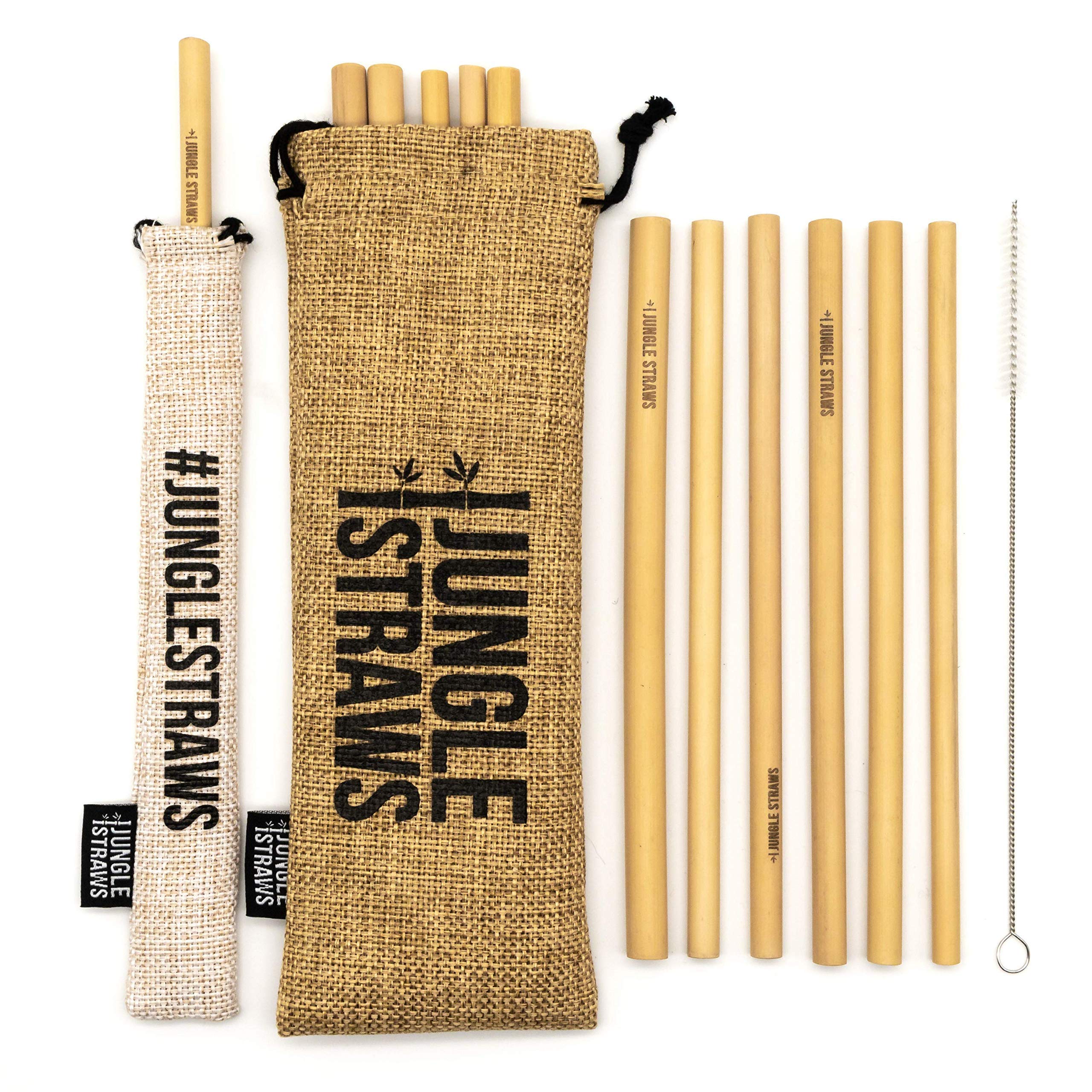 Jungle Straws 12 Pack Reusable Bamboo Straws 8" • Hessian Bag & Straw Pouch • Cleaning Brush • 100% Organic & Handmade in Vietnam • Eco Friendly Natural Drinking Straw • Zero Waste Wooden Straws