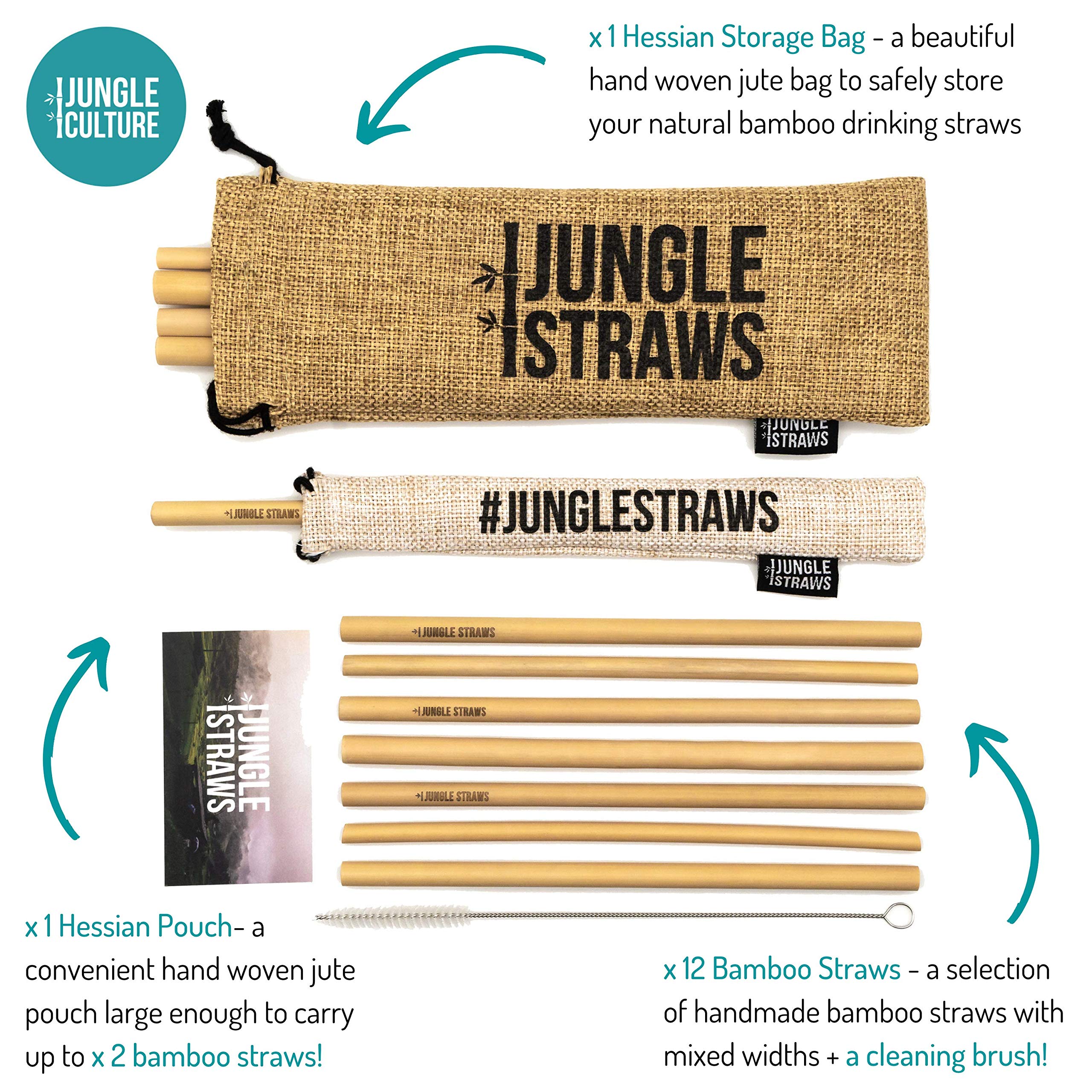 Jungle Straws 12 Pack Reusable Bamboo Straws 8" • Hessian Bag & Straw Pouch • Cleaning Brush • 100% Organic & Handmade in Vietnam • Eco Friendly Natural Drinking Straw • Zero Waste Wooden Straws