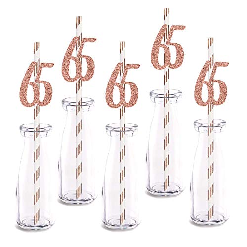 Rose Happy 65th Birthday Straw Decor, Rose Gold Glitter 24pcs Cut-Out Number 65 Party Drinking Decorative Straws, Supplies