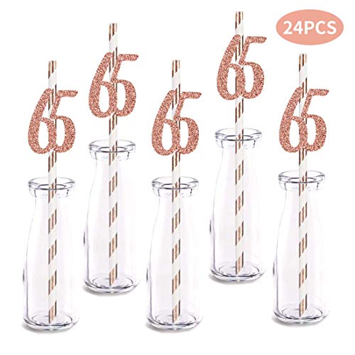 Rose Happy 65th Birthday Straw Decor, Rose Gold Glitter 24pcs Cut-Out Number 65 Party Drinking Decorative Straws, Supplies