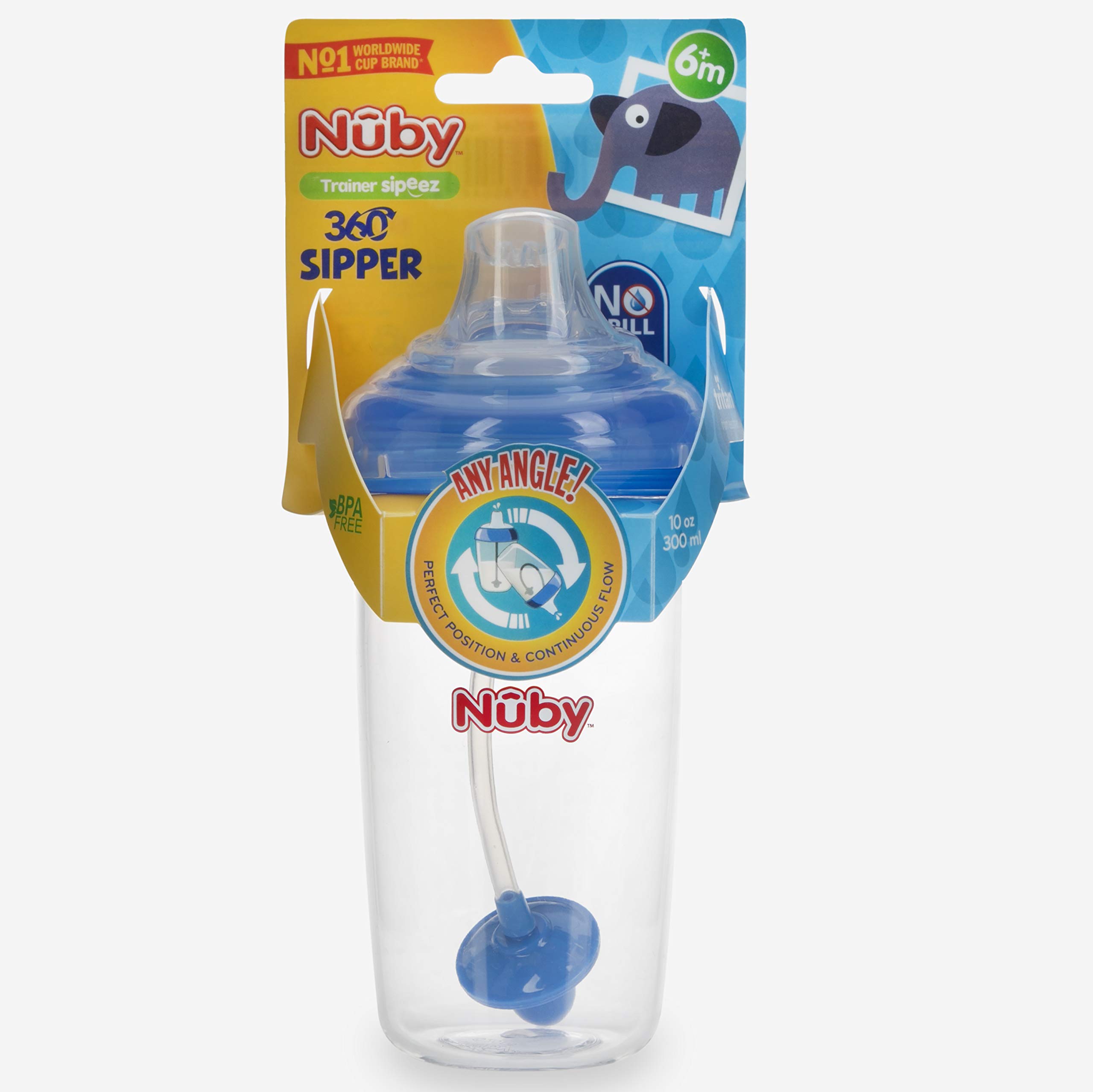 Nuby Tritan No-Spill 10 oz Trainer Cup with Silicone Spout, 360 Weighted Straw & Hygienic Cover, Blue (Pack of 2)