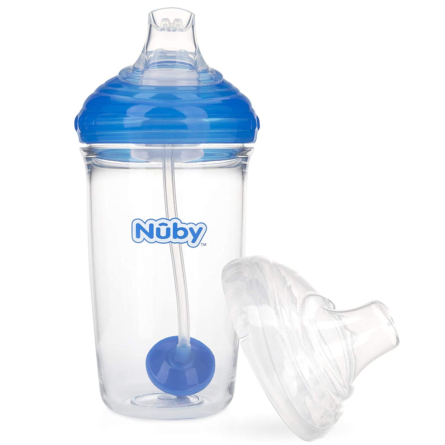 Nuby Tritan No-Spill 10 oz Trainer Cup with Silicone Spout, 360 Weighted Straw & Hygienic Cover, Blue (Pack of 2)