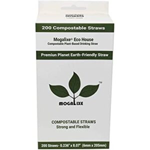 Compostable Straws, 200 Count Total, Mogalixe Certified Drinking Straws, 100% Plant-Based, Flexible, Paper Wrapped, Alternative to Plastic, Great for On The Go, Home, Restaurants... (200-Straws)