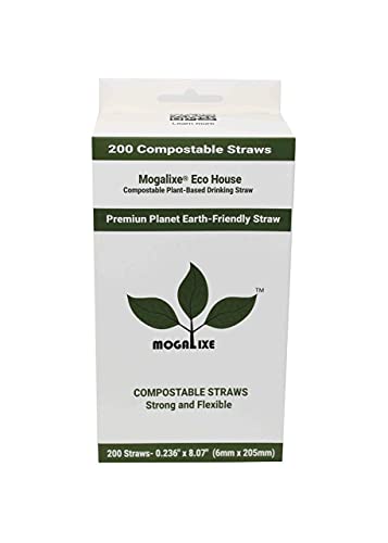 Compostable Straws, 200 Count Total, Mogalixe Certified Drinking Straws, 100% Plant-Based, Flexible, Paper Wrapped, Alternative to Plastic, Great for On The Go, Home, Restaurants... (200-Straws)