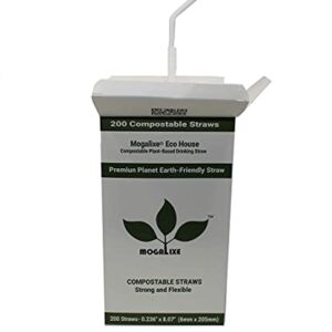 Compostable Straws, 200 Count Total, Mogalixe Certified Drinking Straws, 100% Plant-Based, Flexible, Paper Wrapped, Alternative to Plastic, Great for On The Go, Home, Restaurants... (200-Straws)