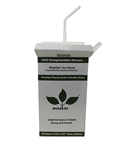 Compostable Straws, 200 Count Total, Mogalixe Certified Drinking Straws, 100% Plant-Based, Flexible, Paper Wrapped, Alternative to Plastic, Great for On The Go, Home, Restaurants... (200-Straws)