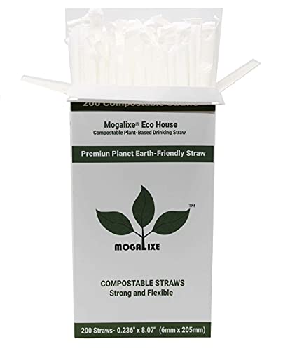 Compostable Straws, 200 Count Total, Mogalixe Certified Drinking Straws, 100% Plant-Based, Flexible, Paper Wrapped, Alternative to Plastic, Great for On The Go, Home, Restaurants... (200-Straws)