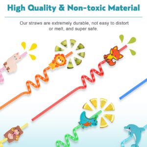 NiHome 24 Reusable Plastic Animal Straws with 2 Cleaning Brushes, Dolphin Dinosaur Lion Shark Jungle Safari Party Favors Kids Birthday Decorations for Boys Girls, Fillers for Baby Shower Goodie Bags