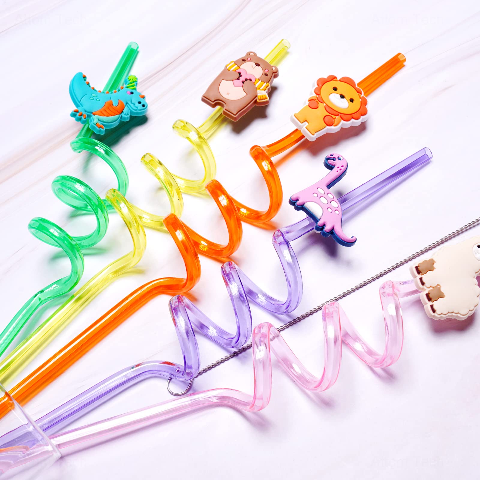 NiHome 24 Reusable Plastic Animal Straws with 2 Cleaning Brushes, Dolphin Dinosaur Lion Shark Jungle Safari Party Favors Kids Birthday Decorations for Boys Girls, Fillers for Baby Shower Goodie Bags