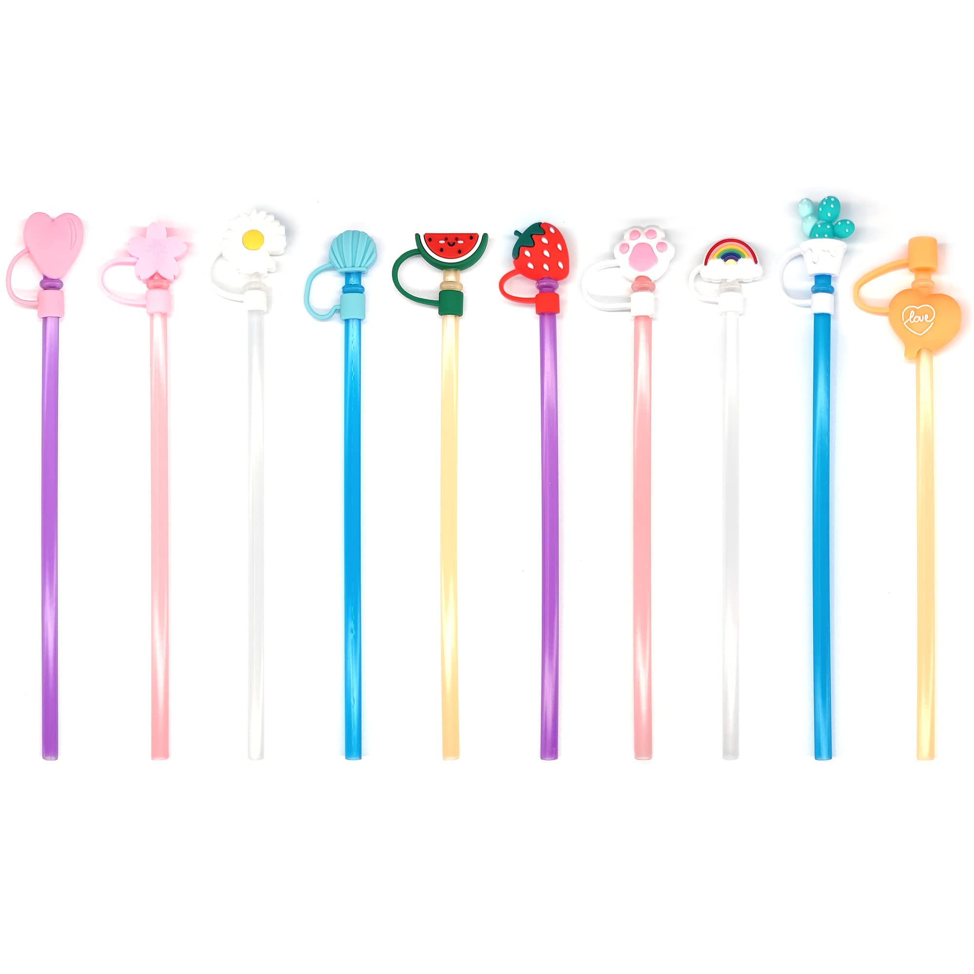 10 Pieces Straw Covers Cap & 10 Pieces Straws, Silicone Straw Tip Cover, Reusable Drinking Straw Protection Lids, Adorable Dust-Proof Straw Plugs, Party Bottles, Juice & Cocktail Decoration