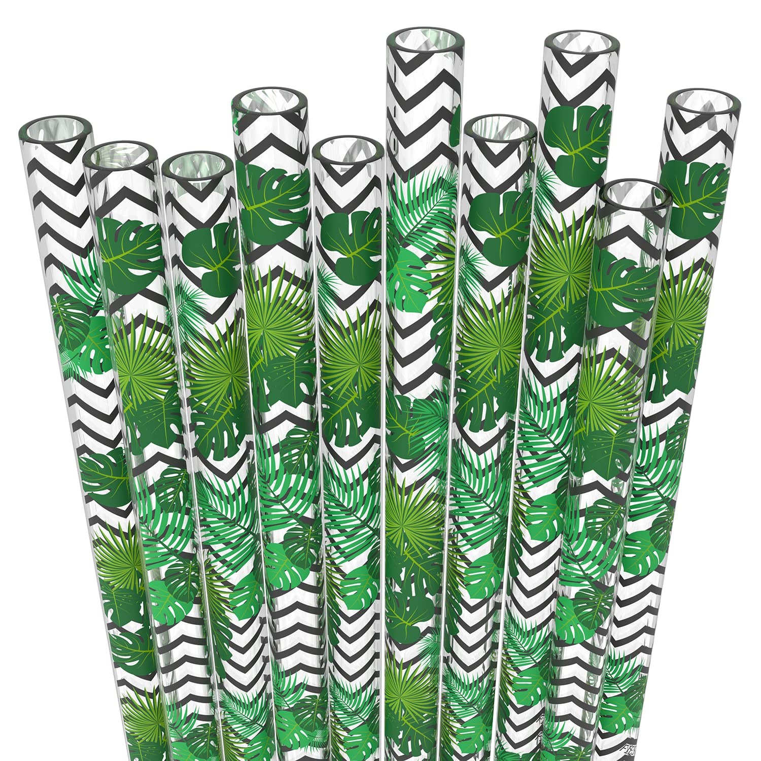 Fiesta First 10 Long Reusable Transparent Hard Plastic Drinking Straws, Tropical Palm Leaves Print Design + Sturdy Cleaning Brush - For Tumblers, Mason Jars, Milshakes and Smoothies - BPA Free