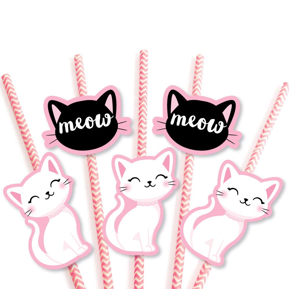 Big Dot of Happiness Purr-fect Kitty Cat - Paper Straw Decor - Kitten Meow Baby Shower or Birthday Party Striped Decorative Straws - Set of 24