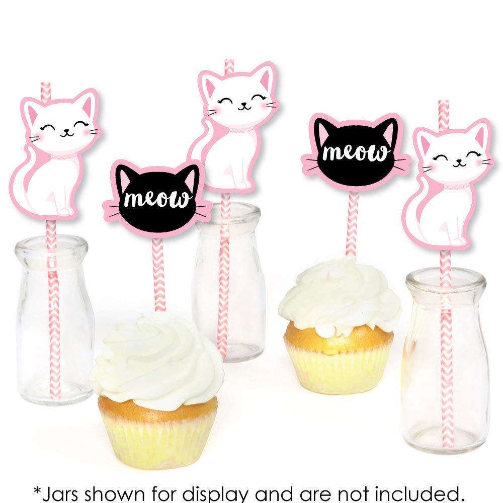 Big Dot of Happiness Purr-fect Kitty Cat - Paper Straw Decor - Kitten Meow Baby Shower or Birthday Party Striped Decorative Straws - Set of 24