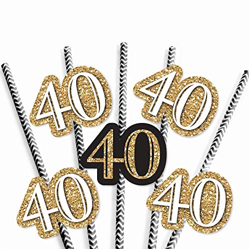 Adult 40th Birthday - Gold - Paper Straw Decor - Birthday Party Striped Decorative Straws - Set of 24