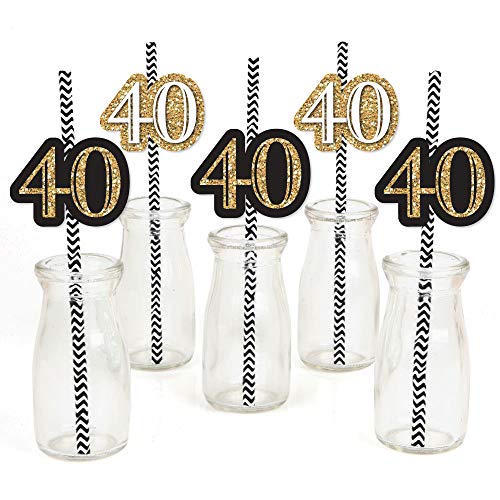 Adult 40th Birthday - Gold - Paper Straw Decor - Birthday Party Striped Decorative Straws - Set of 24