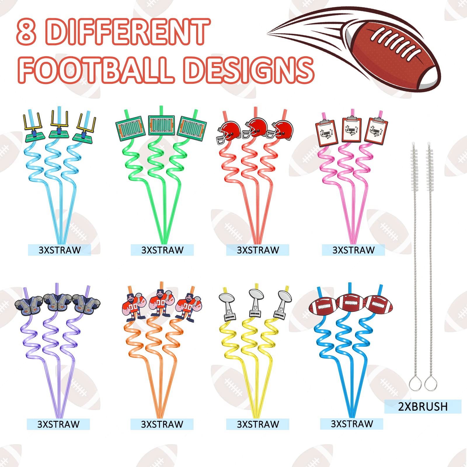 24Pcs Football Straws and 2Pcs Cleaning Brushes, Reusable Plastic Rugby Straws, Football Party Supplies Favors，Birthday Party Decorations。