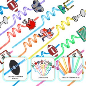 24Pcs Football Straws and 2Pcs Cleaning Brushes, Reusable Plastic Rugby Straws, Football Party Supplies Favors，Birthday Party Decorations。