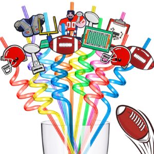 24Pcs Football Straws and 2Pcs Cleaning Brushes, Reusable Plastic Rugby Straws, Football Party Supplies Favors，Birthday Party Decorations。