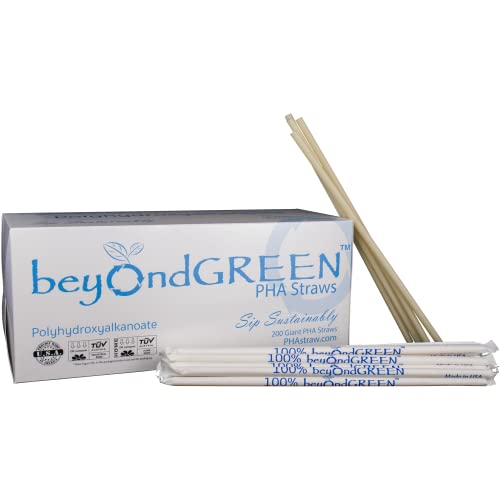 beyondGREEN Plant-Based PHA Disposable Drinking Straws - Individually Wrapped - 200 Giant Straws - 10.25" x 0.24"