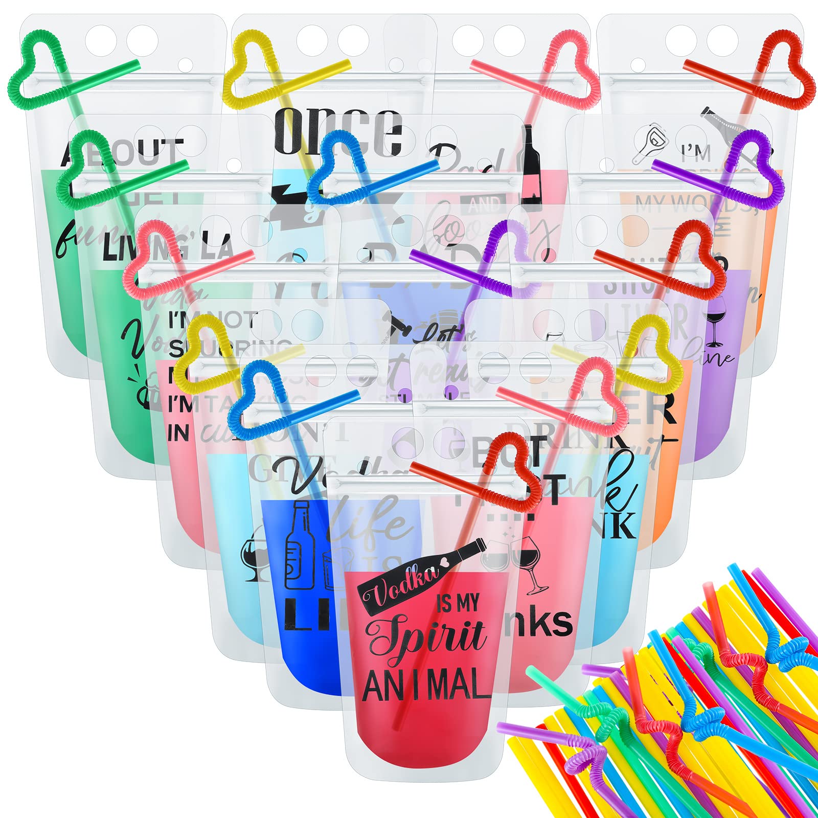 90 Pcs Drink Pouches with Straws for Adults, Clear Plastic Reusable Drink Bags Juice Pouches with Zipper Party Beverage Bags for Adults Teen Party Favor, 15 Styles