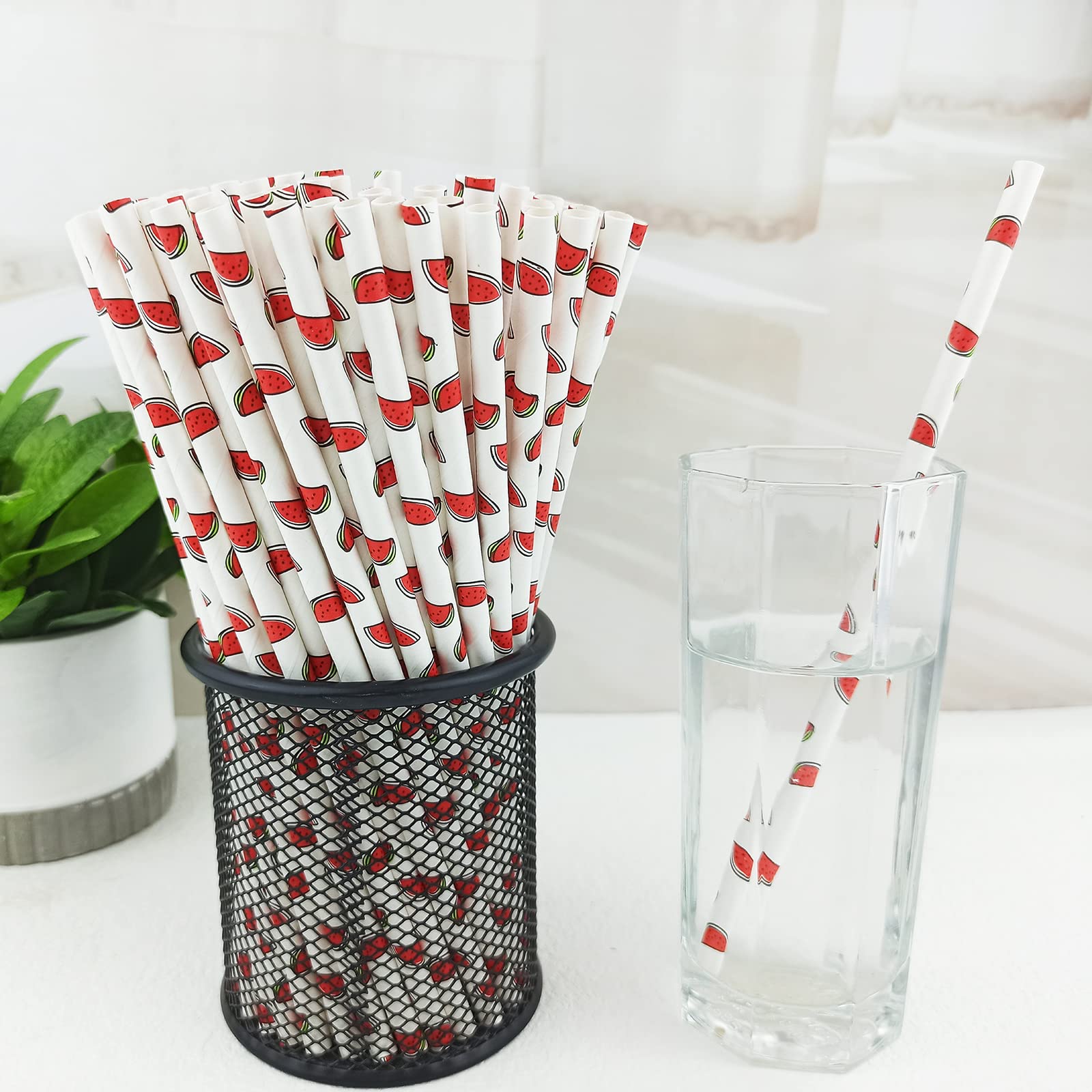 YAOSHENG Premium Disposable Drinking Fruit Paper Straws, Pack 100 Watermelon Paper Straws for Cocktail Party Supplies,Birthday,Bridal/Baby Shower,Juice,Shakes (Watermelon)