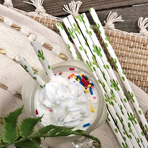 Cactus Themed Paper Straws - Green White Succulents - 50 Pack