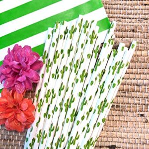 Cactus Themed Paper Straws - Green White Succulents - 50 Pack