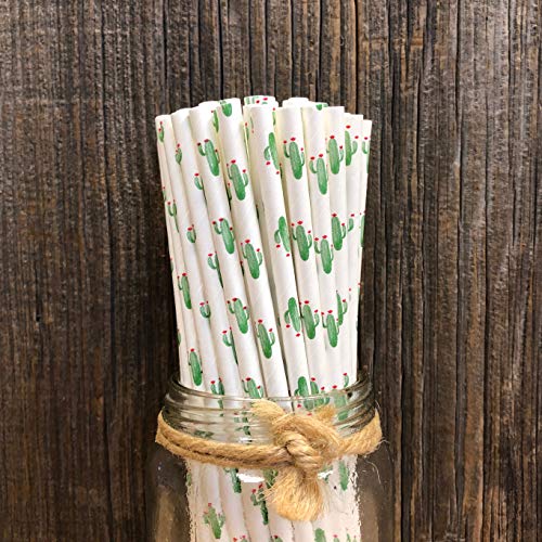 Cactus Themed Paper Straws - Green White Succulents - 50 Pack