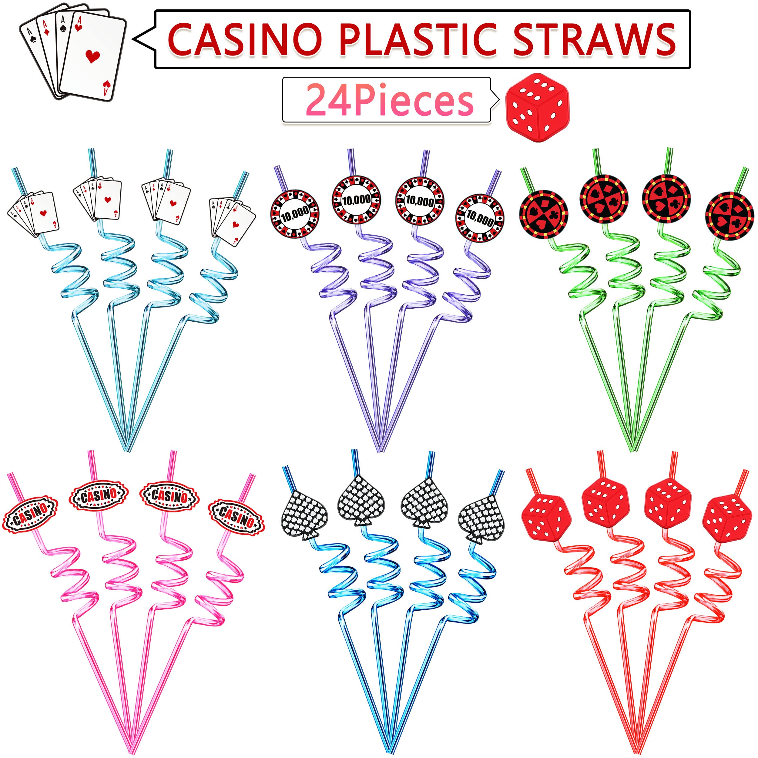 Casino Party Favors Casino Straws 24pcs Casino Theme Party Decorations Supplies Casino Plastic Crazy Straws for Las Vegas Birthday Party, Casino Night, Poker Events Party Decorations