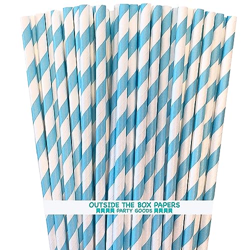 Light Blue Stripe Paper Straws - 100 Pack