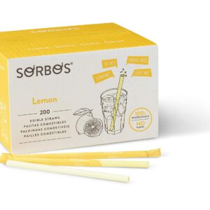 Sorbos Edible Straws, Lemon Flavored, Sustainable, Individually Packaged, No Plastic, No Allergens, No Gluten, No PFAS, 100 Percent Biodegradable, 7.4 inches long (Pack of 200)