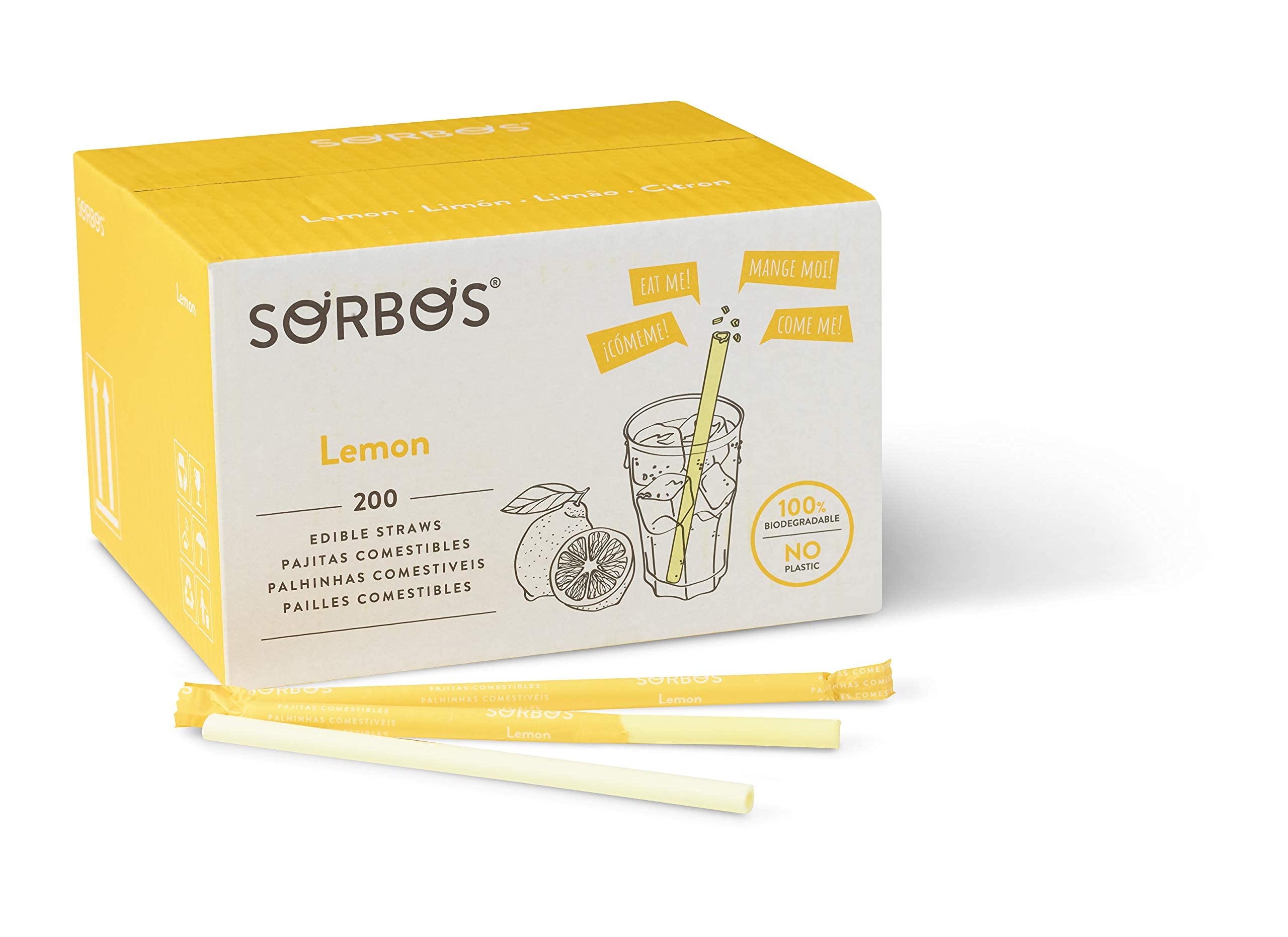 Sorbos Edible Straws, Lemon Flavored, Sustainable, Individually Packaged, No Plastic, No Allergens, No Gluten, No PFAS, 100 Percent Biodegradable, 7.4 inches long (Pack of 200)