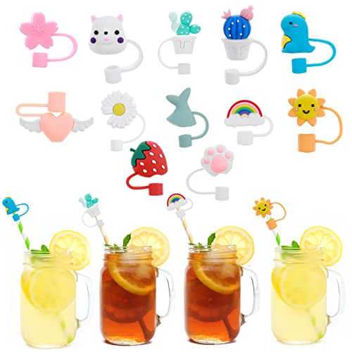 Lusofie 12Pcs Silicone Straw Tips Cover Reusable Straw Caps Portable Cartoon Straw Topper Dust Proof Straw Plugs for 6-8 mm Straws Outdoor Home Kitchen Party Decor