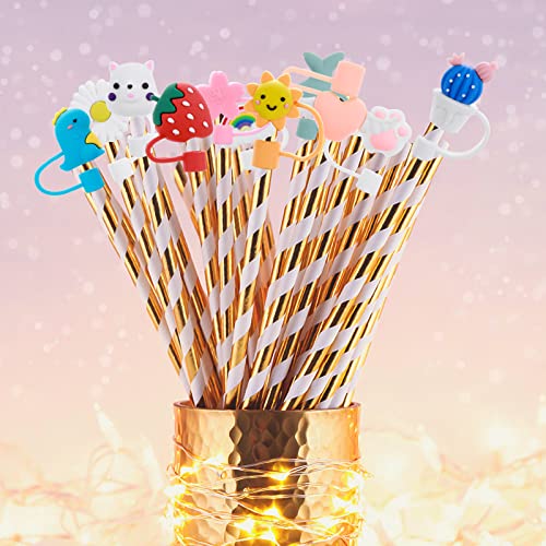 Lusofie 12Pcs Silicone Straw Tips Cover Reusable Straw Caps Portable Cartoon Straw Topper Dust Proof Straw Plugs for 6-8 mm Straws Outdoor Home Kitchen Party Decor