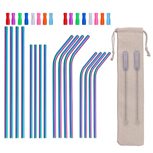 Kitiok 16-Pack Colorful Reusable Metal Long Drinking Straws Stainless Steel Dishwasher Safe With Silicone Tip Case Clearner Brush,Rainbow