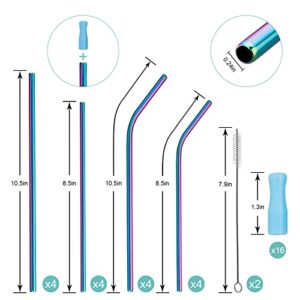 Kitiok 16-Pack Colorful Reusable Metal Long Drinking Straws Stainless Steel Dishwasher Safe With Silicone Tip Case Clearner Brush,Rainbow