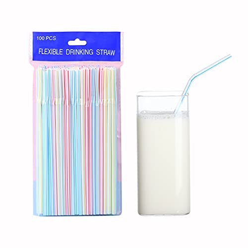 QNCIGER 100 Pcs Flexible Disposable Plastic Drinking Straws, BPA-free bendy straw 0.19" swide,8.26" High, Colorful Striped