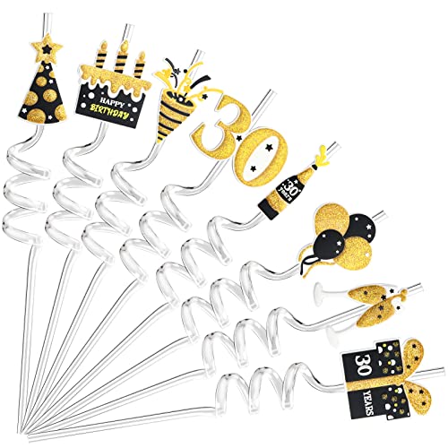 24 PCS 30th Birthday Party Decorations Straw Decor Plastic Reusable Glitter Straws for 30th Birthday Party Decor Cut-Out Number 30 Party Decorative Supplies for Women Men with 2 Brush