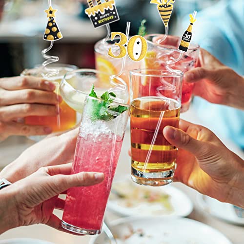 24 PCS 30th Birthday Party Decorations Straw Decor Plastic Reusable Glitter Straws for 30th Birthday Party Decor Cut-Out Number 30 Party Decorative Supplies for Women Men with 2 Brush