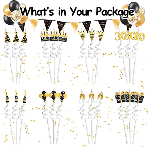 24 PCS 30th Birthday Party Decorations Straw Decor Plastic Reusable Glitter Straws for 30th Birthday Party Decor Cut-Out Number 30 Party Decorative Supplies for Women Men with 2 Brush