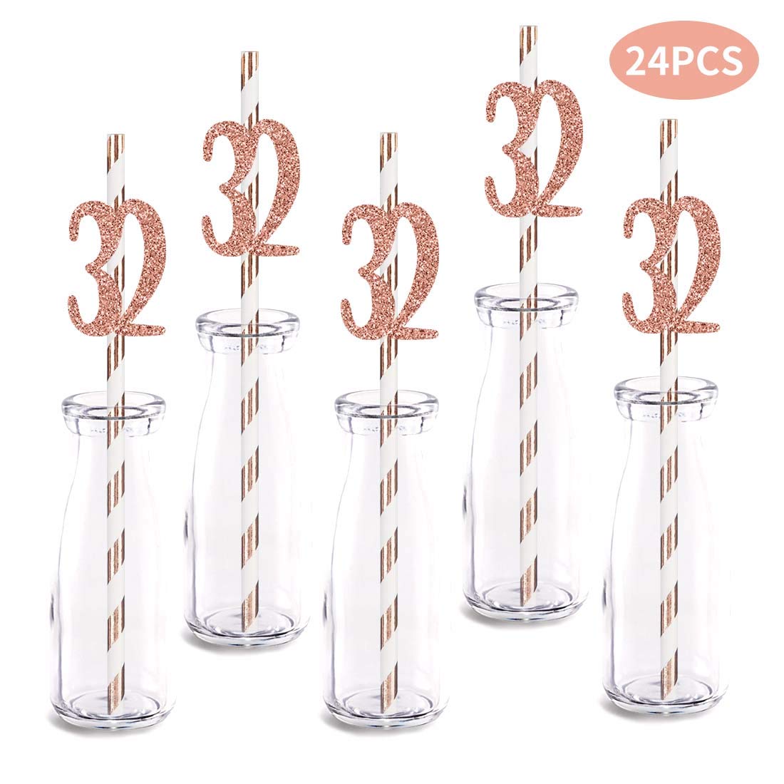 Rose Happy 32nd Birthday Straw Decor, Rose Gold Glitter 24pcs Cut-Out Number 32 Party Drinking Decorative Straws, Supplies