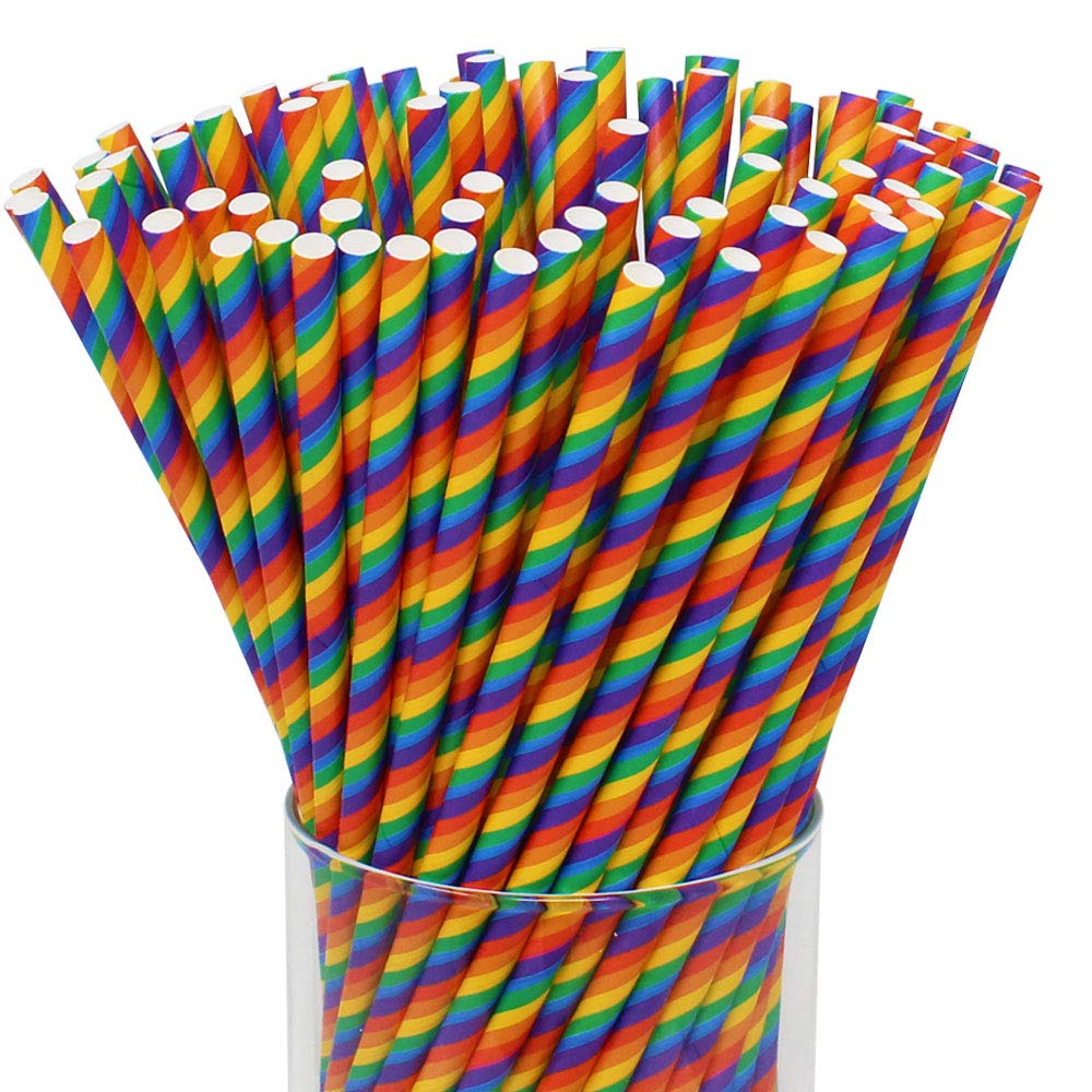 Just Artifacts Premium Disposable Drinking Striped Paper Straws (100pcs, Rainbow Pride)