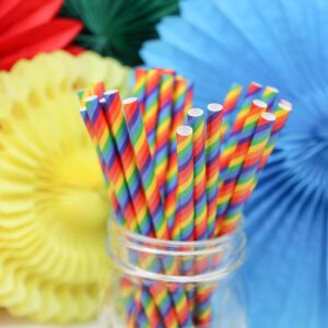 Just Artifacts Premium Disposable Drinking Striped Paper Straws (100pcs, Rainbow Pride)