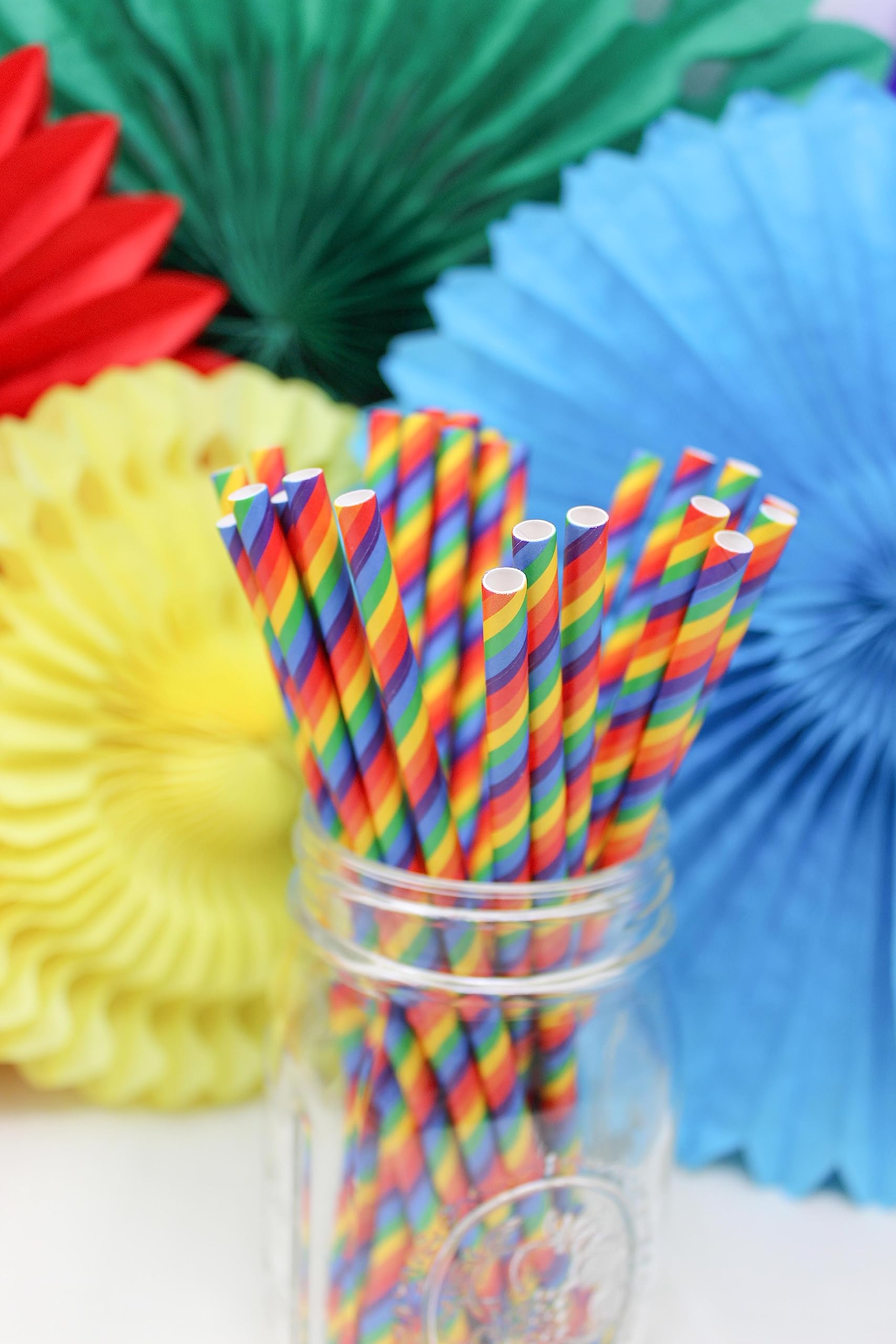 Just Artifacts Premium Disposable Drinking Striped Paper Straws (100pcs, Rainbow Pride)