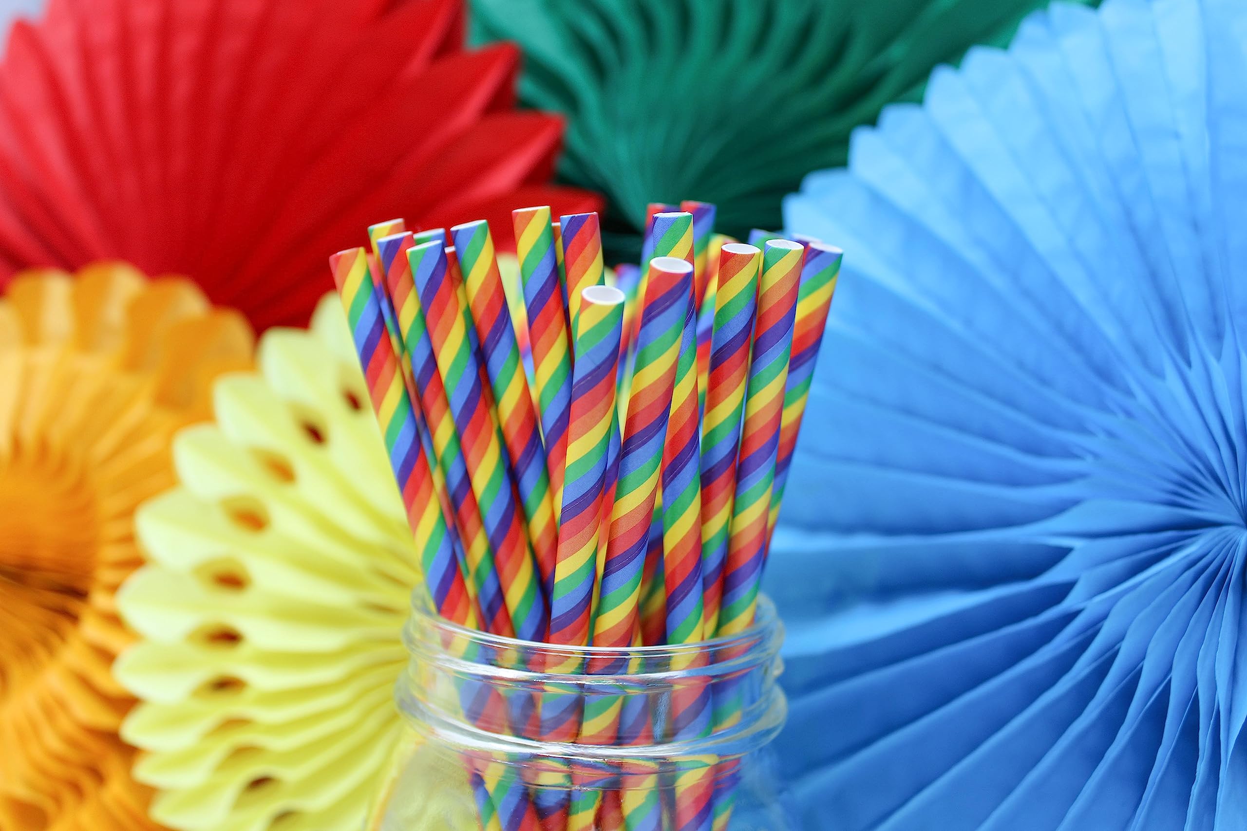 Just Artifacts Premium Disposable Drinking Striped Paper Straws (100pcs, Rainbow Pride)