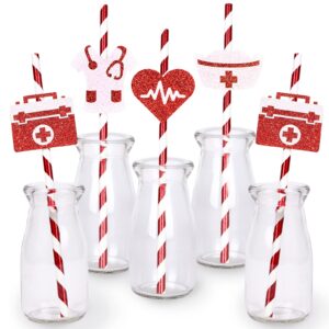 joymemo 24 pieces nurse party favor straws - nurse graduation party decorations red, congrats nursing decor, medical rn themed foil stamping stripe paper straw for bsn lpn school grad party