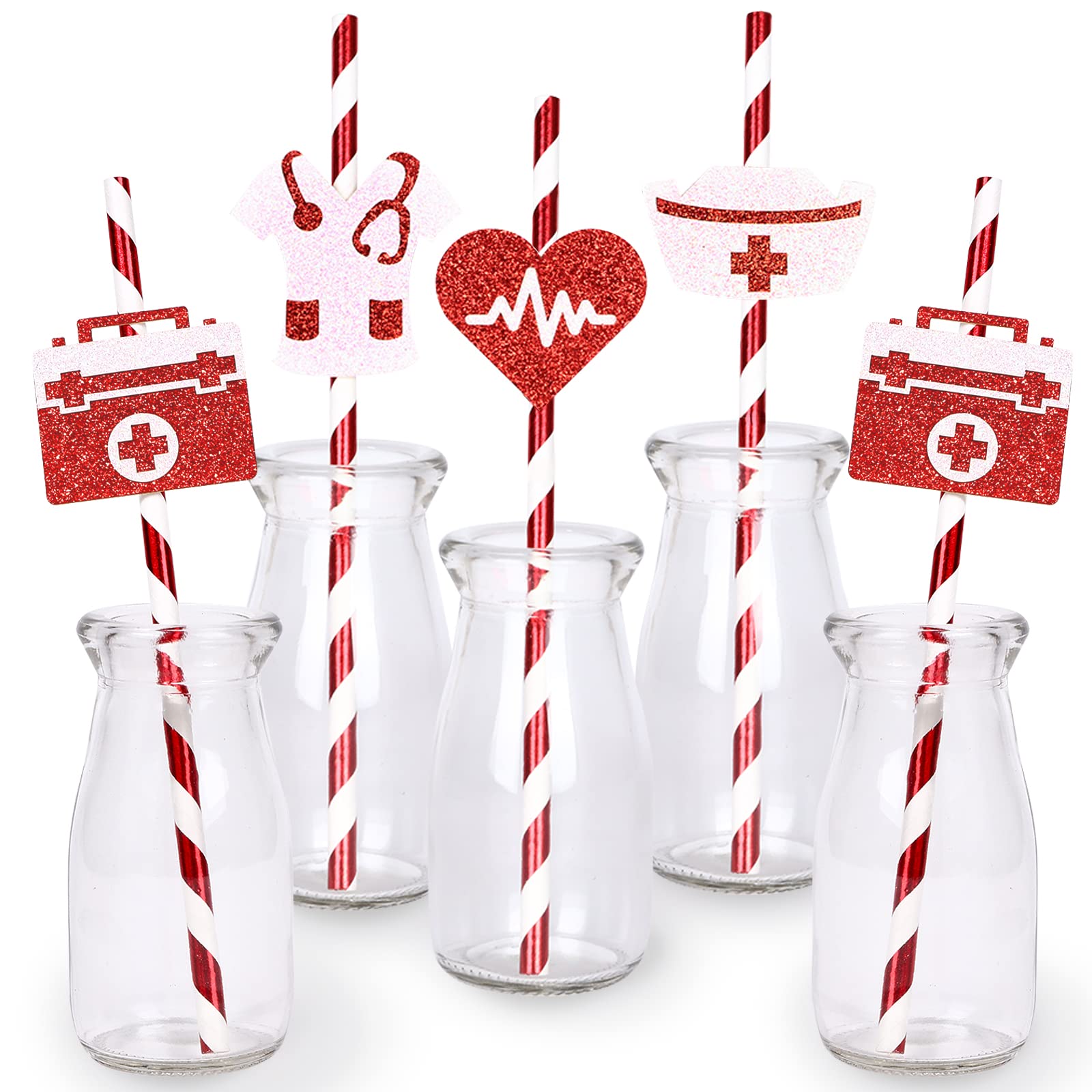 JOYMEMO 24 Pieces Nurse Party Favor Straws - Nurse Graduation Party Decorations Red, Congrats Nursing Decor, Medical RN Themed Foil Stamping Stripe Paper Straw for BSN LPN School Grad Party